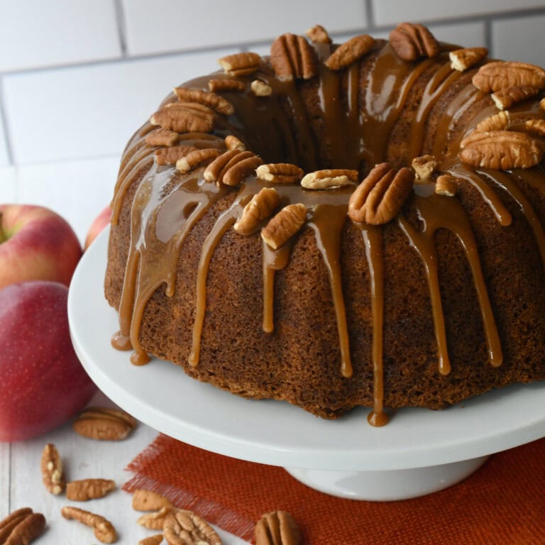 Easy Apple Pecan Cake with Caramel Glaze - Grits and Gouda