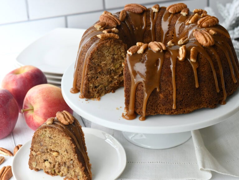 Easy Apple Pecan Cake with Caramel Glaze - Grits and Gouda